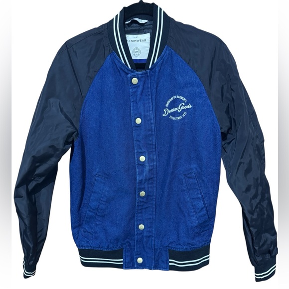 Zara | Jackets & Coats | Zara Man Blue Denim Varsity Bomber Jacket Size ...